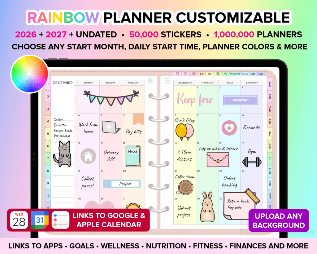 Rainbow digital planner 2026, 2027 & Undated - HappyDownloads